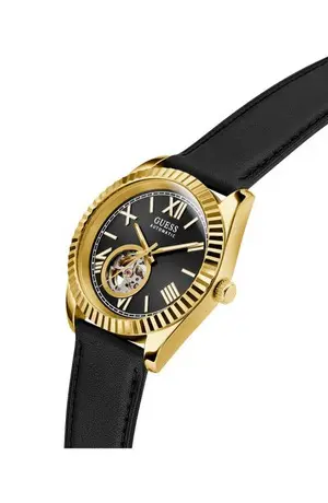 Guess Open Heart Automatic Leather Strap Watch - Black/gold