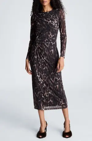 KENNETH COLE Knot Front Mesh Midi Dress - Black Multi