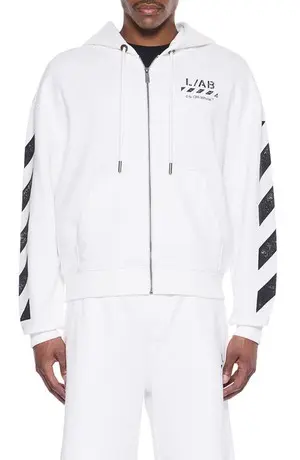L/AB C/O OFF-WHITE L/ab Off- Diagonal Stripe Logo French Terry Zip Hoodie - White
