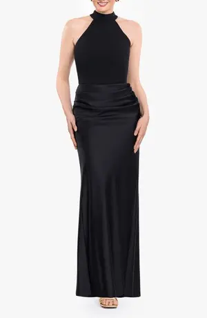 Betsy & Adam Sleeveless Mock Neck Satin Gown