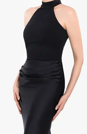 Betsy & Adam Sleeveless Mock Neck Satin Gown
