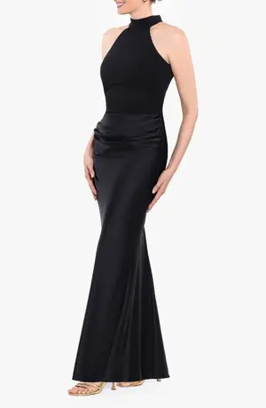 Betsy & Adam Sleeveless Mock Neck Satin Gown