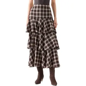 Akris Plaid Ruffle Tier Midi Skirt - Espresso-cashew