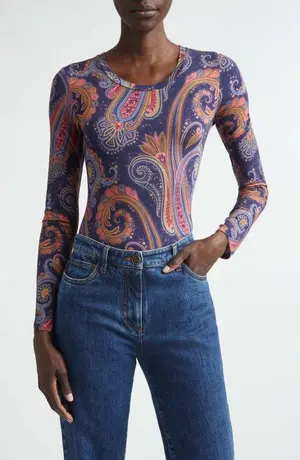 Etro Paisley Long Sleeve Top - Print On Blue Base