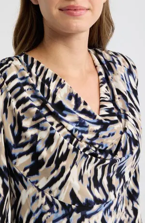 Anne Klein Cowl Neck Long Sleeve Knit Top - Dutch Blue Multi