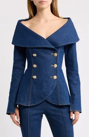 NADINE MERABI Double Breasted Denim Jacket With Portrait Collar - Blue