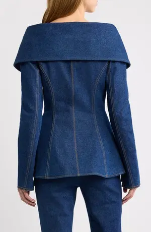 NADINE MERABI Double Breasted Denim Jacket With Portrait Collar