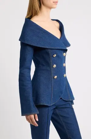 NADINE MERABI Double Breasted Denim Jacket With Portrait Collar