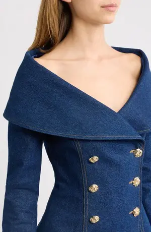 NADINE MERABI Double Breasted Denim Jacket With Portrait Collar
