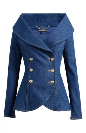 NADINE MERABI Double Breasted Denim Jacket With Portrait Collar