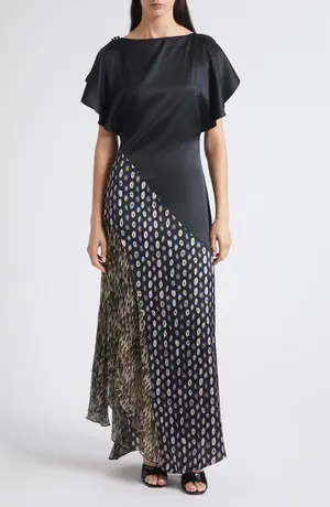 Staud Fawn Stretch Silk Dress With Printed Panel - Black Multi