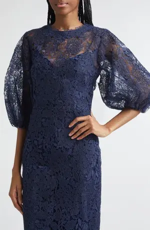 Carolina Herrera Lace Midi Pencil Dress With Balloon Sleeves
