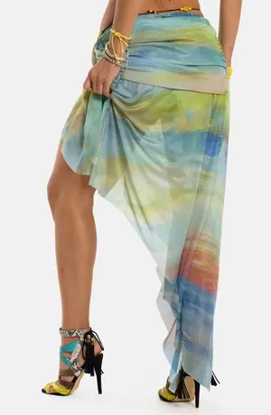 JADED LONDON Abstract Print Asymmetrical Mesh Skirt With Beaded Belt