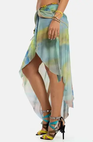 JADED LONDON Abstract Print Asymmetrical Mesh Skirt With Beaded Belt