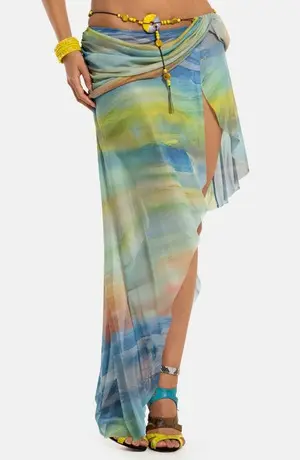 JADED LONDON Abstract Print Asymmetrical Mesh Skirt With Beaded Belt