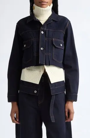 Sacai Denim & Wool Knit Jacket - Navy/off White
