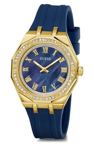 Guess Desire Crystal And Mother-of-pearl Watch With Silicone Strap