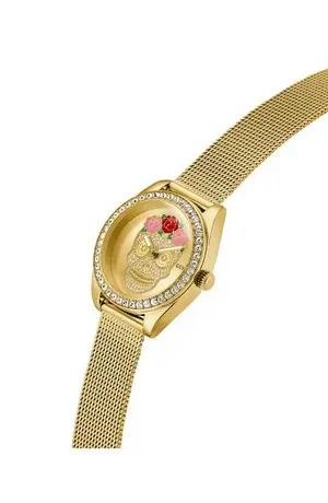 Guess Goldtone Crystal Embellished Sugar Skull Watch