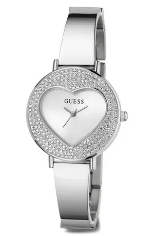 Guess Crystal Embellished Heart Dial Link Bracelet Watch
