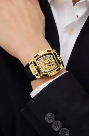 Guess Phoenix Goldtone Skeleton Automatic Silicone Strap Watch