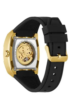 Guess Phoenix Goldtone Skeleton Automatic Silicone Strap Watch