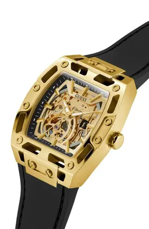 Guess Phoenix Goldtone Skeleton Automatic Silicone Strap Watch