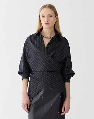 Lafayette 148 New York Pinstripe Silk Convertible Wrap Blouse - Ink Multi