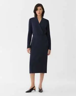 Lafayette 148 New York Crepe Long Sleeve V-neck Dress - Blue Ink