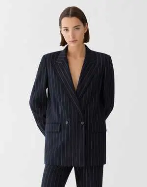 Lafayette 148 New York Pinstripe Wool Jersey Double Breasted Blazer - Navy Multi