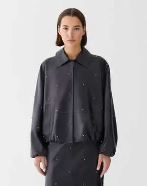 Lafayette 148 New York Studded Nappa Leather Bomber Jacket - Blue Ink