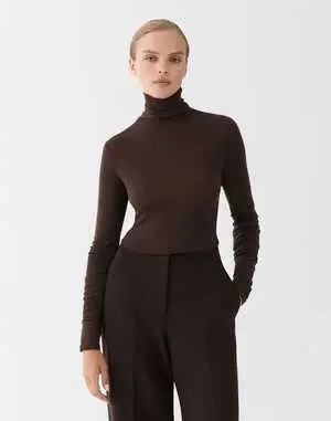 Lafayette 148 New York Viscose Cashmere Jersey Slim Turtleneck - Truffle