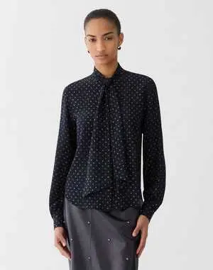 Lafayette 148 New York Polka Dot Print Silk Tie Neck Blouse