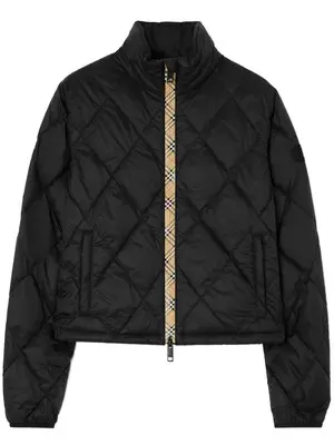 Burberry Quilted Down Jacket With Check Detail - Black
