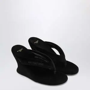 Balenciaga Stretch Velvet Wedge Thong Sandals - Black