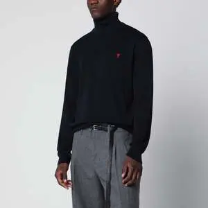 AMI Paris Navy Turtleneck Sweater De Coeur - Blue