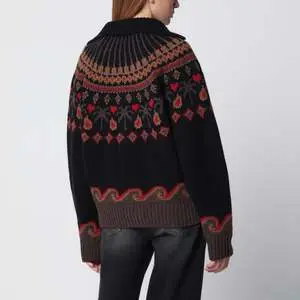 Alanui Black Jacquard Wool Cardigan With Fair Isle Palm Motif - Multicolor