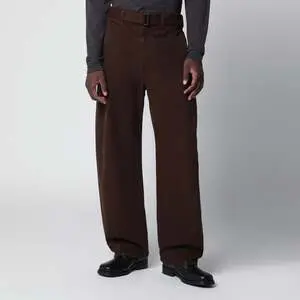 LEMAIRE Cotton Trousers With Belt - Brown