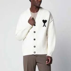 AMI Paris Virgin Wool V-neck Cardigan With De Coeur Logo