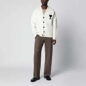 AMI Paris Virgin Wool V-neck Cardigan With De Coeur Logo