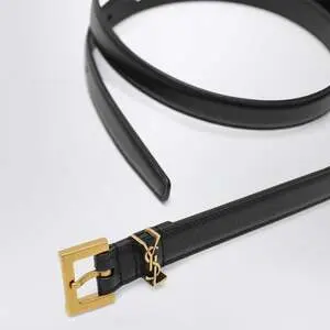 Saint Laurent Cassandre Thin Belt In Grained Leather - Black