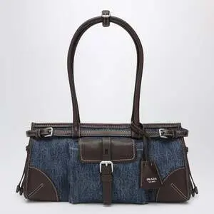 Prada Bonnie Medium Handbag In Denim And Leather - Blue