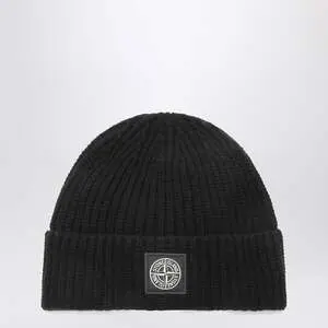 Stone Island Ribbed Wool Beanie With Compass Patch - Black