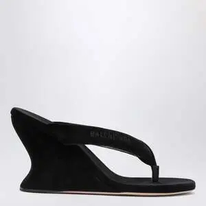 Balenciaga Stretch Velvet Wedge Thong Sandals - Black