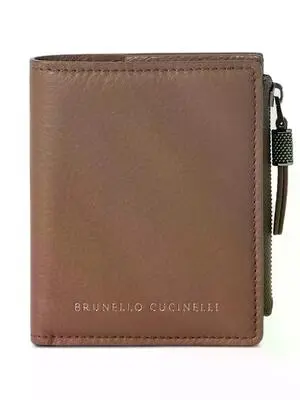 Brunello Cucinelli Grained Calfskin Compact Wallet With Shiny Zipper Pull - Brown