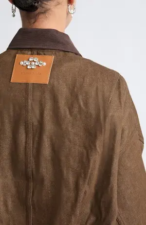 Simone Rocha Embellished Denim Cropped Utility Jacket - Tan/pearl/clear