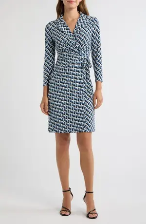 Anne Klein Geometric Print Wrap Dress - Dutch Blue Multi