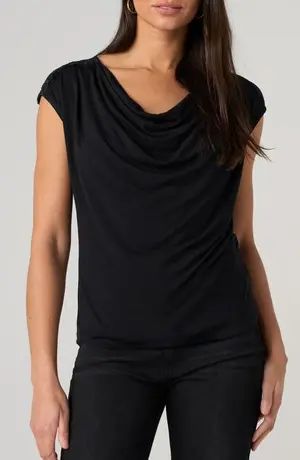 LIVERPOOL Sleeveless Draped Neck Top With Lace Trim - Black