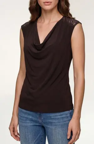 LIVERPOOL Sleeveless Draped Neck Top With Lace Trim - Java