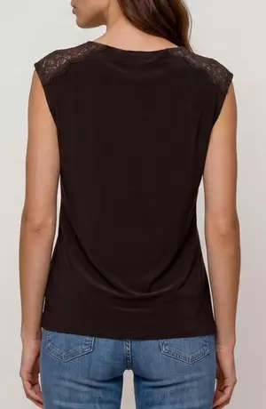 LIVERPOOL Sleeveless Draped Neck Top With Lace Trim