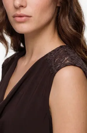 LIVERPOOL Sleeveless Draped Neck Top With Lace Trim